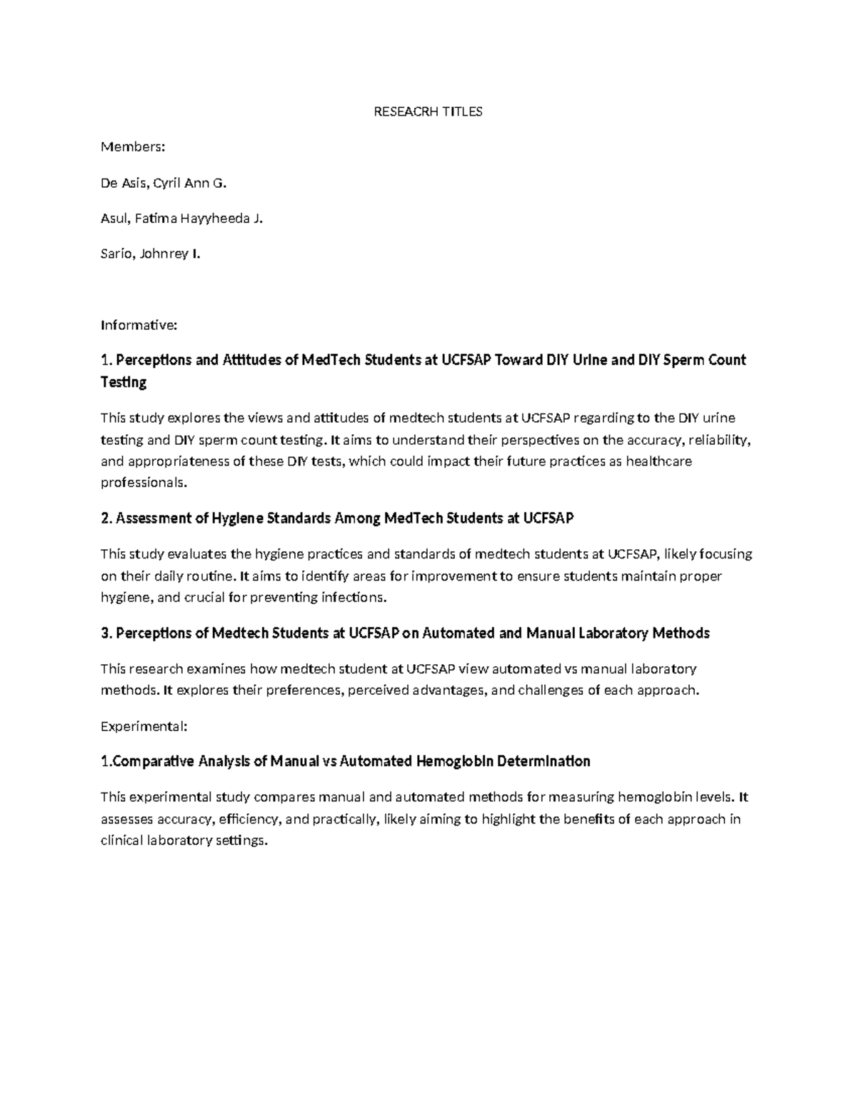 Research Titles: MedTech Perspectives and Practices at UCFSAP - Studocu