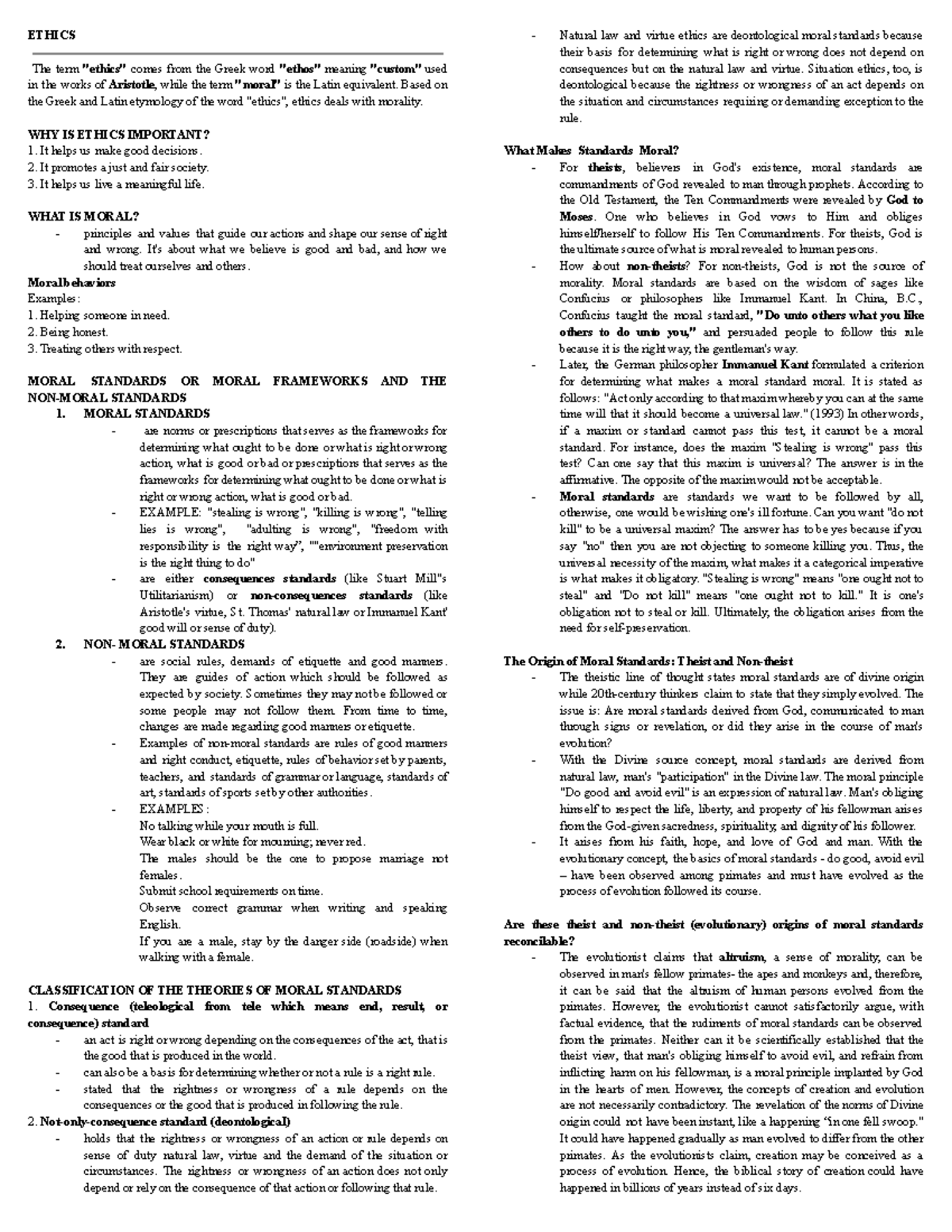 Ethics Lesson 1: Understanding Morality and Moral Standards - Studocu