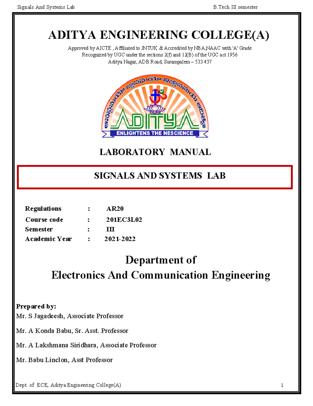 Signals and Systems Lab Manual (2021-22) - B.Tech 2nd Sem (AR20) - Studocu