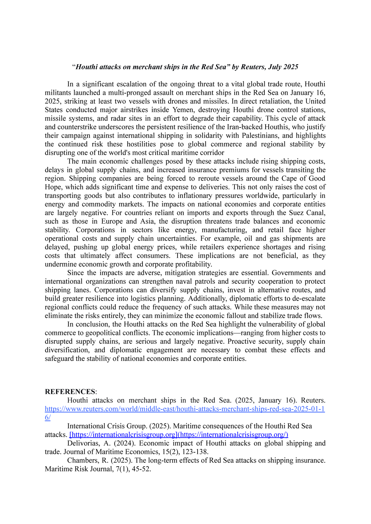 Houthi Attacks on Merchant Ships in the Red Sea: Economic Impacts and ...