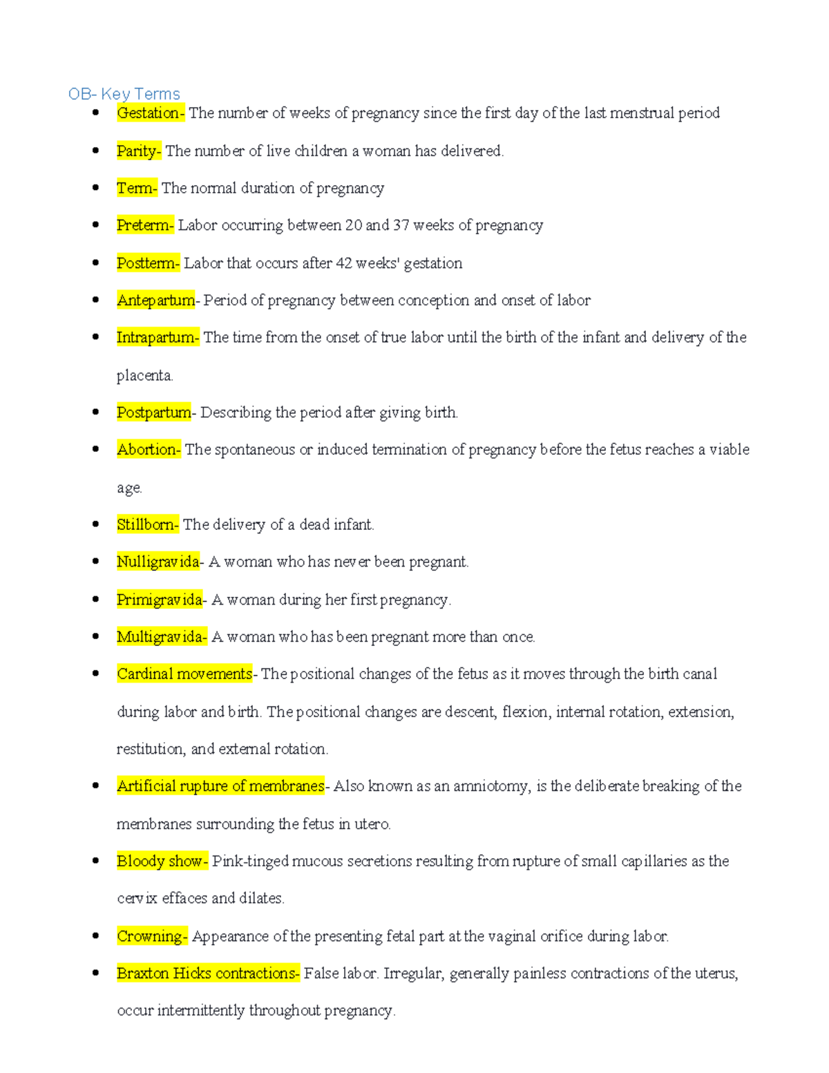OB Key Terms & Medications: Essential Study Guide - Studocu