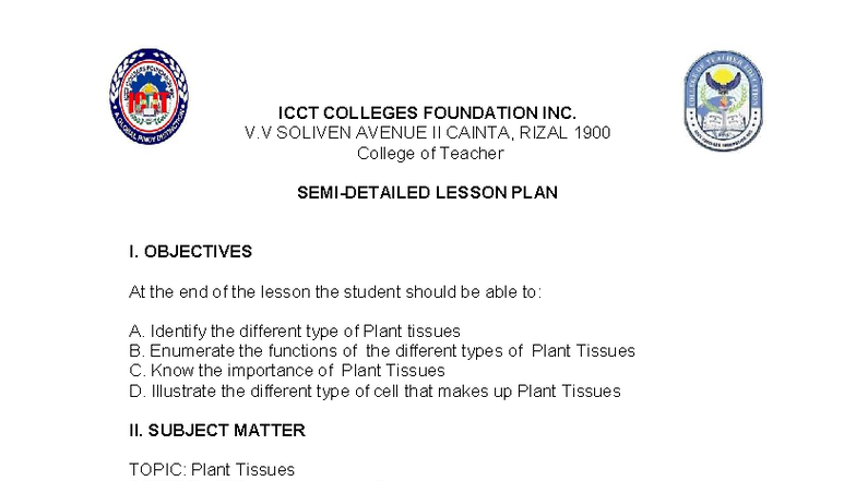 ICCT COLLEGES FOUNDATION INC. TEACHER LESSON PLAN: Plant Tissues - Studocu