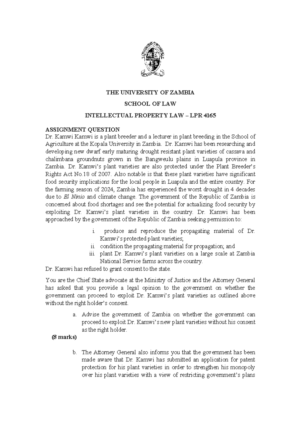LPR 4165 IP Law Assignment: Legal Opinion on Plant Variety Rights - Studocu