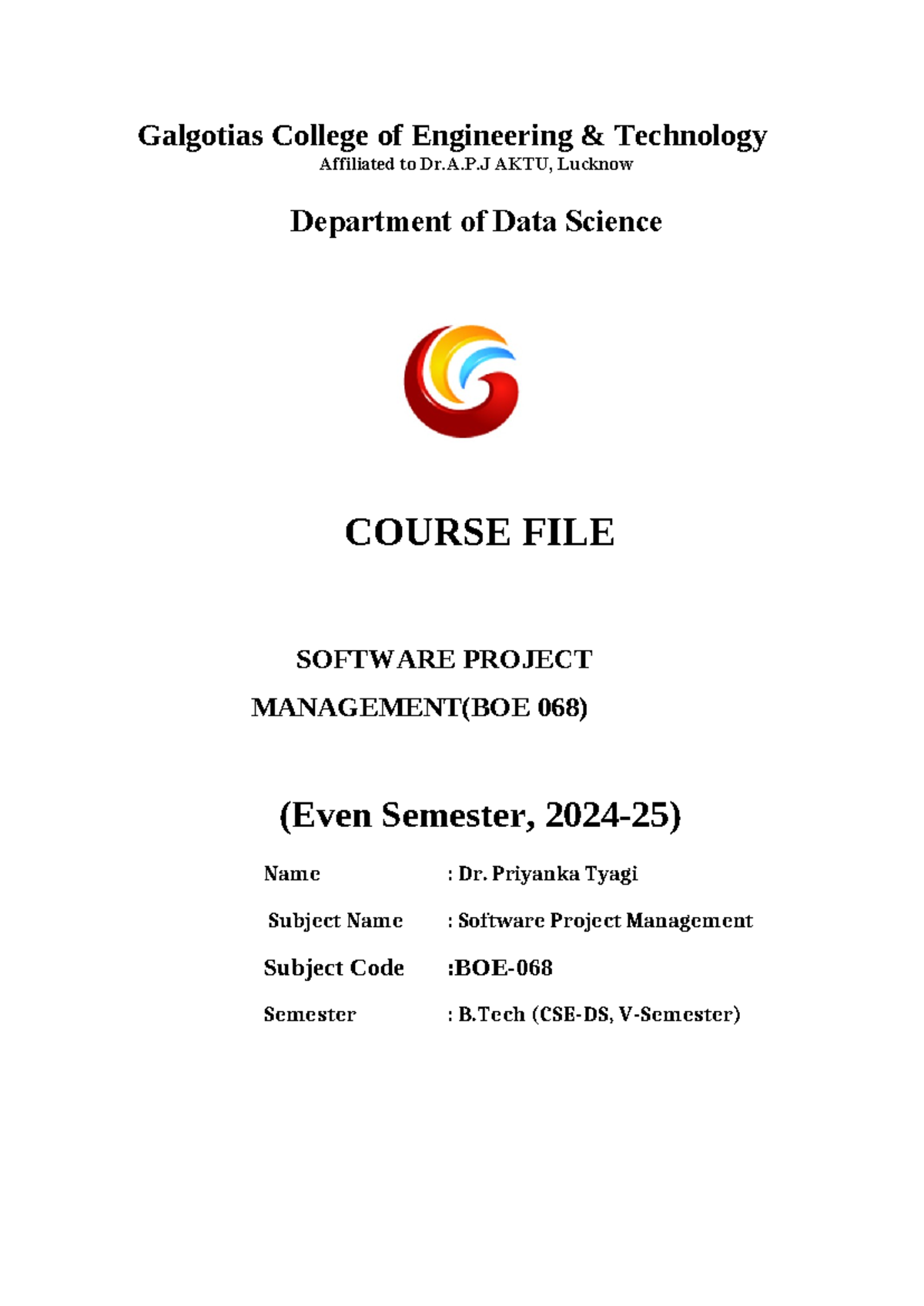 Course File: Software Project Management (BOE 068) - B.Tech CSE-DS A ...