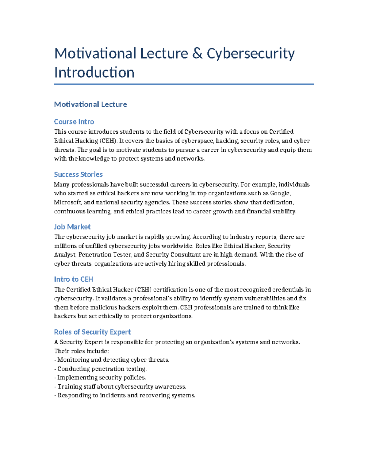 Motivational Lecture: Introduction to Cybersecurity & CEH - Studocu