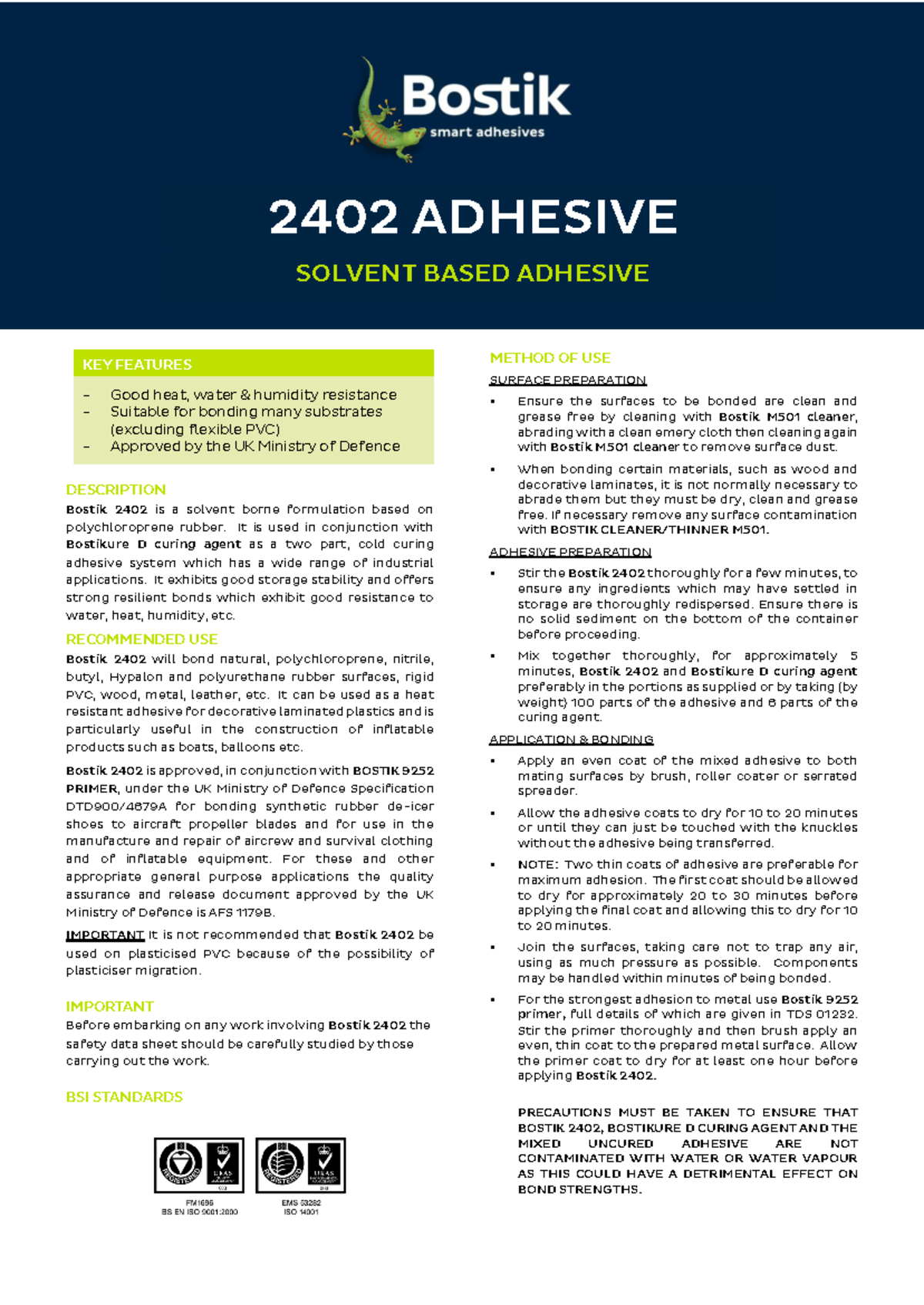 Bostik 2402 Hypalon Adhesive Technical Data Sheet (TDS) - Studocu