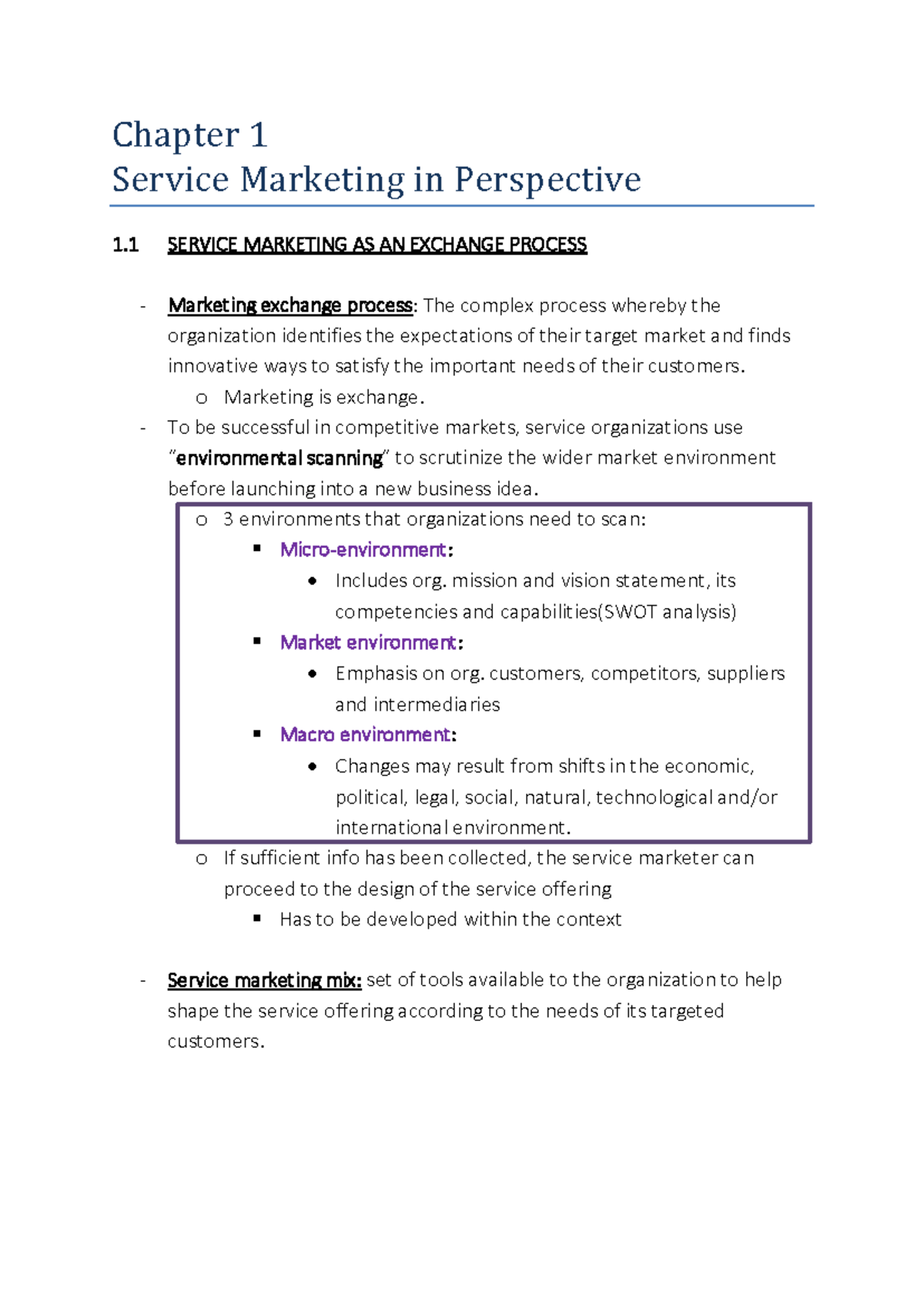 Chapter 1 Summary: Service Marketing Exchange Process in MKTG 101 - Studocu