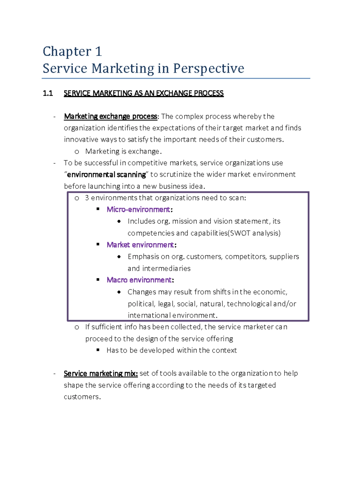 BEM 120 - summary - Chapter 1: Service marketing in perspective Basic concepts of service ...