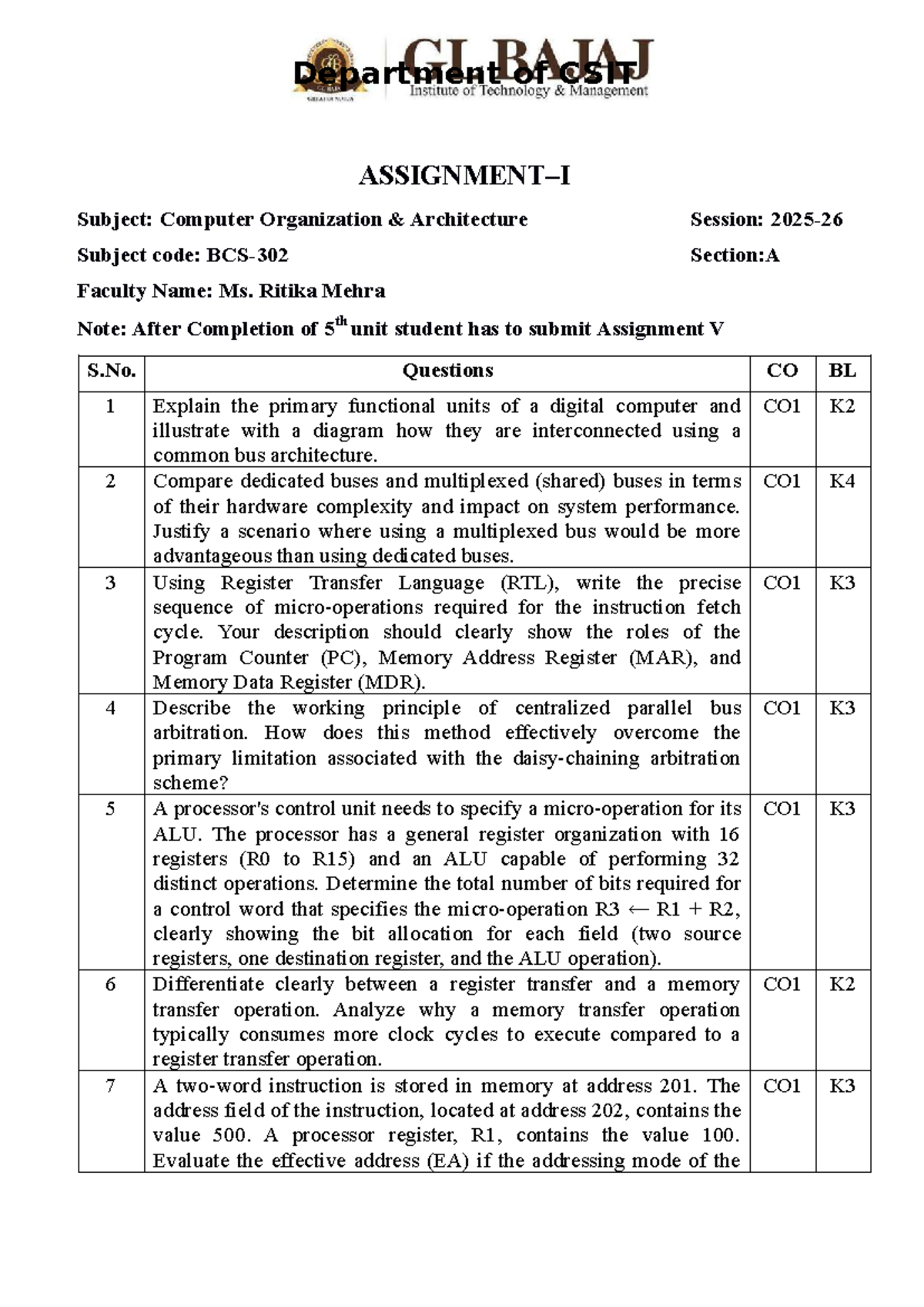 COA 1 Unit Assignment: Digital Computer Architecture Insights - Studocu
