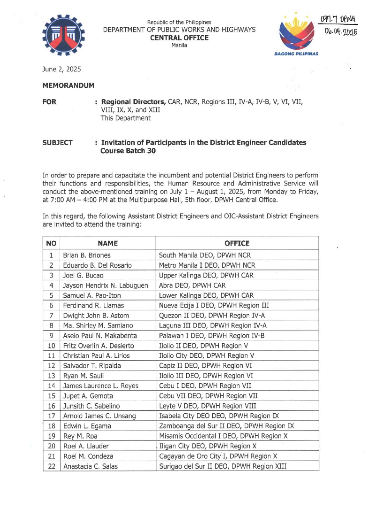 Memo 097.7 060225: Invitation to District Engineer Candidates Course ...