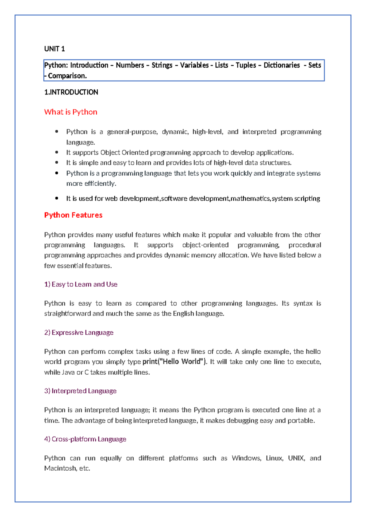 Python Unit 1: Intro to Numbers, Strings, Lists, and Dicts - Studocu