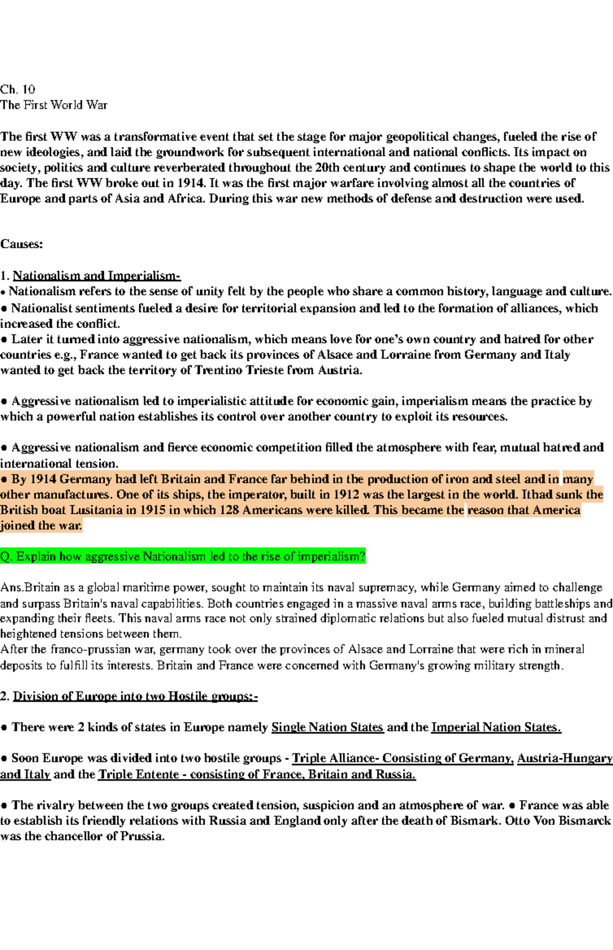 Ch. 10 Notes on the First World War: Causes and Consequences - Studocu