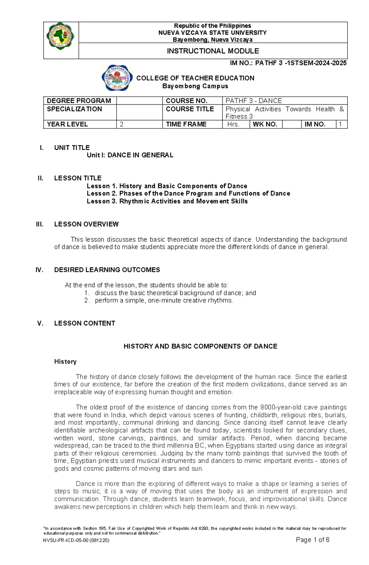 PATHF 3 Dance Module: History, Components & Movement Skills - Studocu