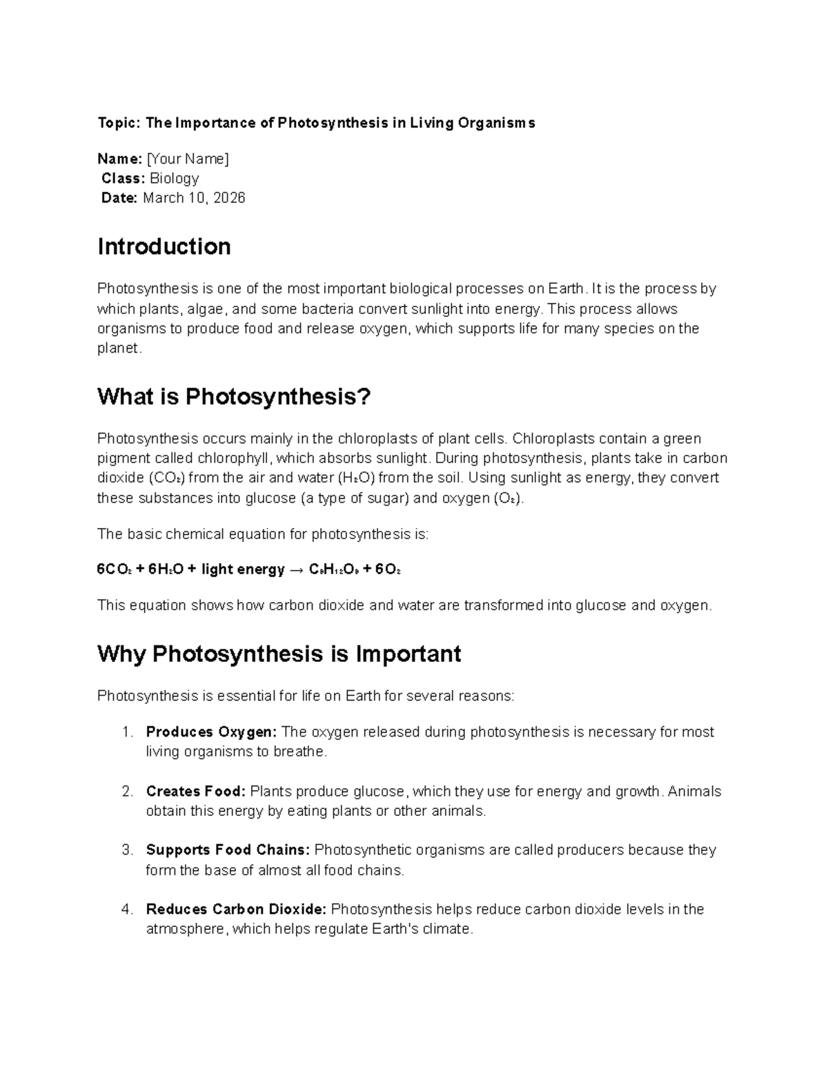 BIO101: The Importance of Photosynthesis in Living Organisms - Studocu
