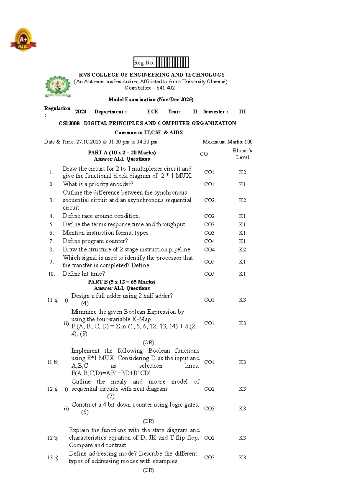 CS13008 Model Exam 2025: Digital Principles & Computer Organization ...
