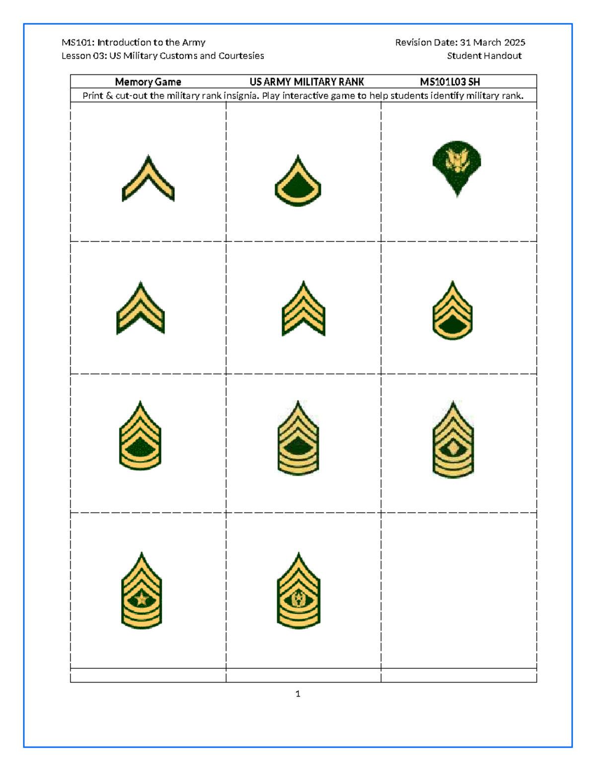 MS101: Memory Game for Identifying US Army Ranks - Lesson 03 - Studocu