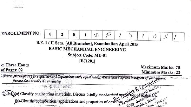 B.Tech. (CBGS) I Sem. Basic Mechanical Engineering Exam Papers - Studocu