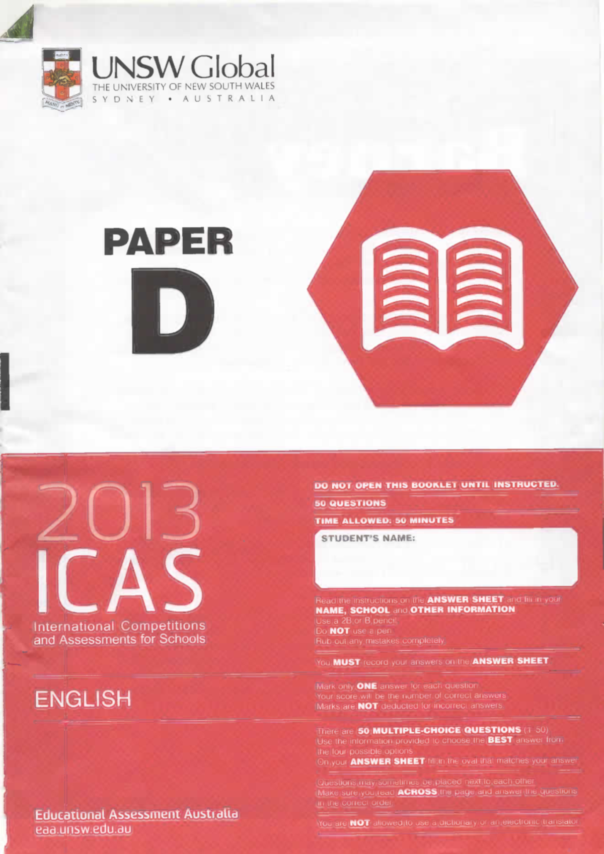 ICAS English Paper D 2013: Comprehensive Assessment Guide - Studocu