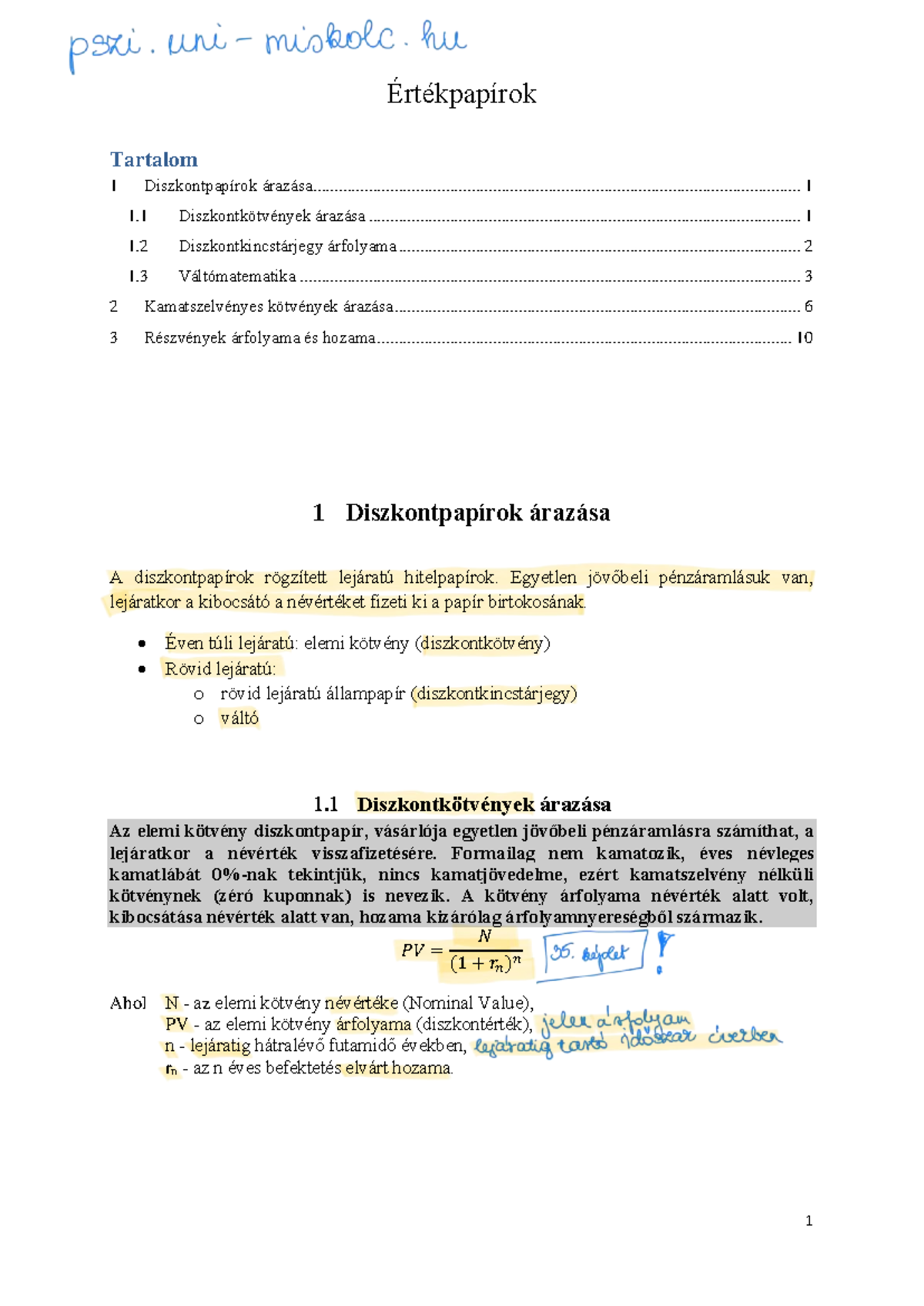 Értékpapírok Feladatlap - Diszkontpapírok és Részvények Árazása - Studocu
