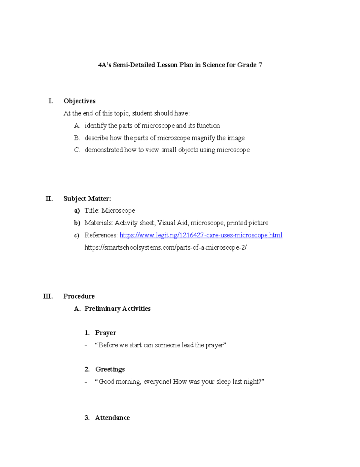 Lesson Plan: Final Demo for Grade 7 Science on Microscopes - Studocu