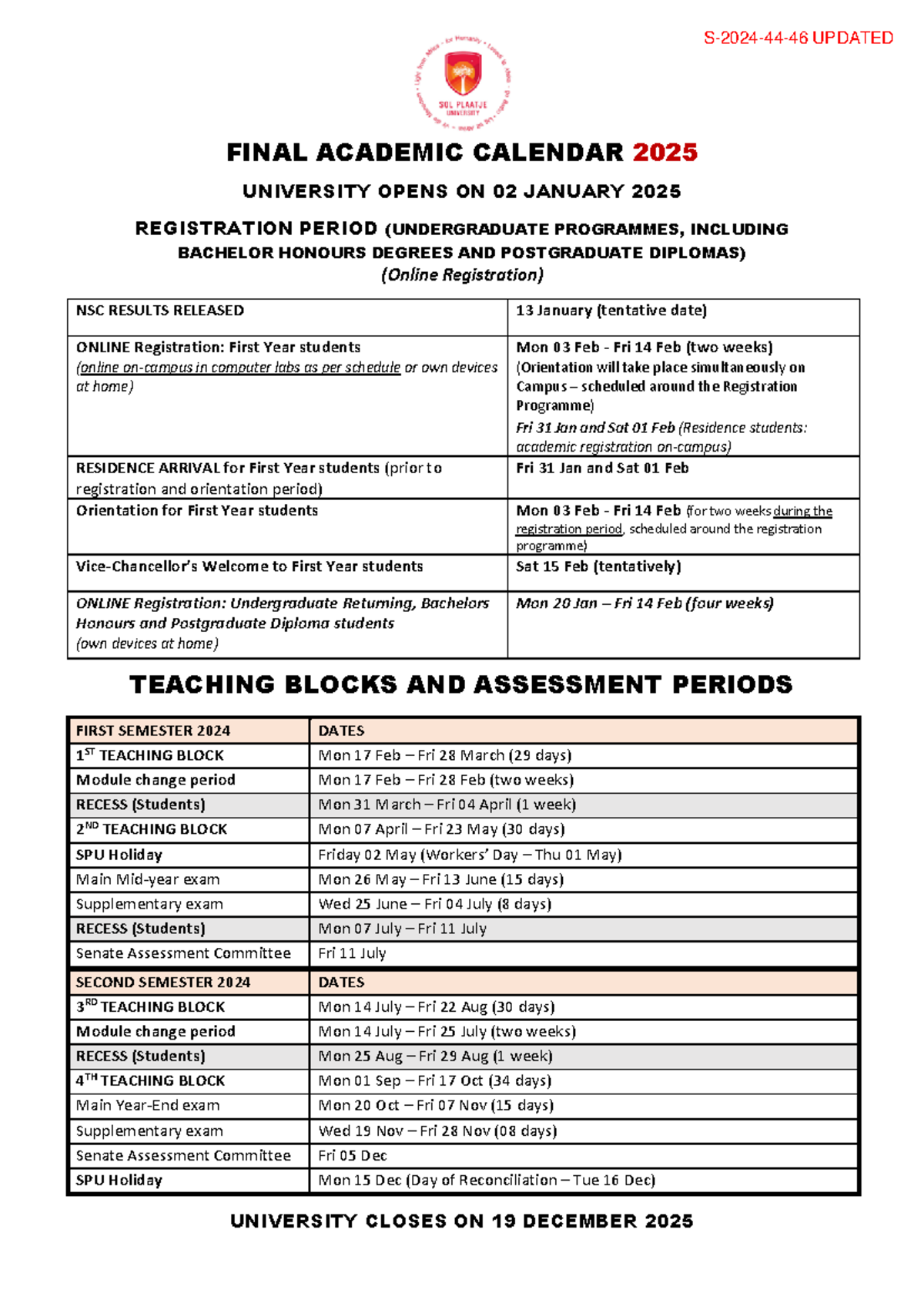 S-2024-44-46 Final Academic Calendar for 2025 Updates - Studocu