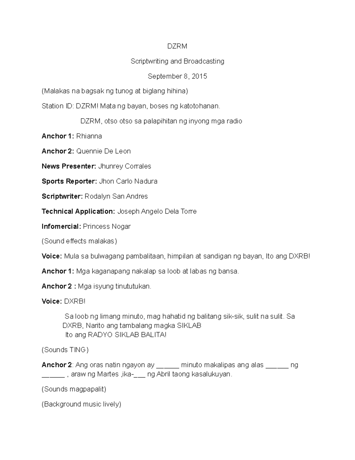 DZRM Radio Broadcasting Script for News and Sports Broadcast - Studocu