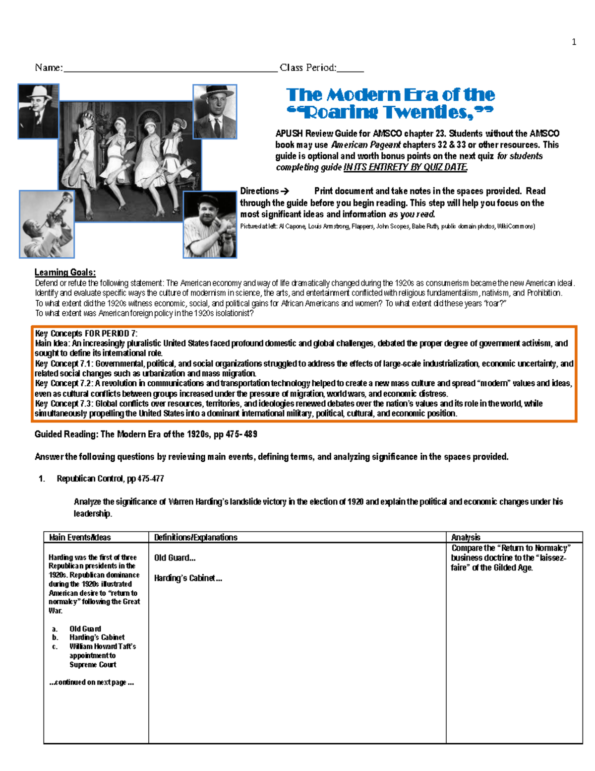 APUSH Chapter 23: Roaring Twenties Reading Guide & Bonus Quiz Prep ...