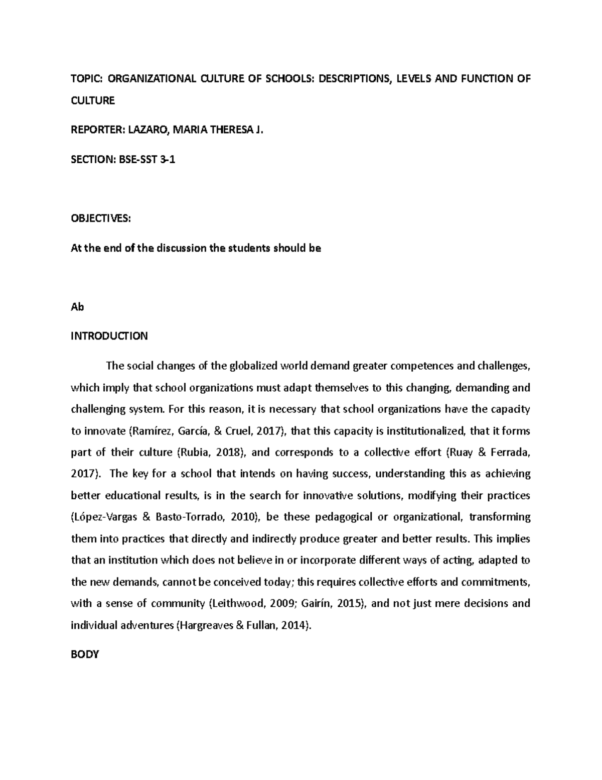 BSE-SST 3- Final Exam: Understanding School Organizational Culture ...