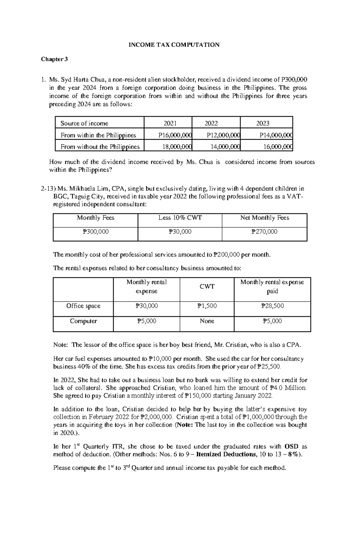 Tax Computation for Income Tax - Chapter 3 Analysis and Examples - Studocu