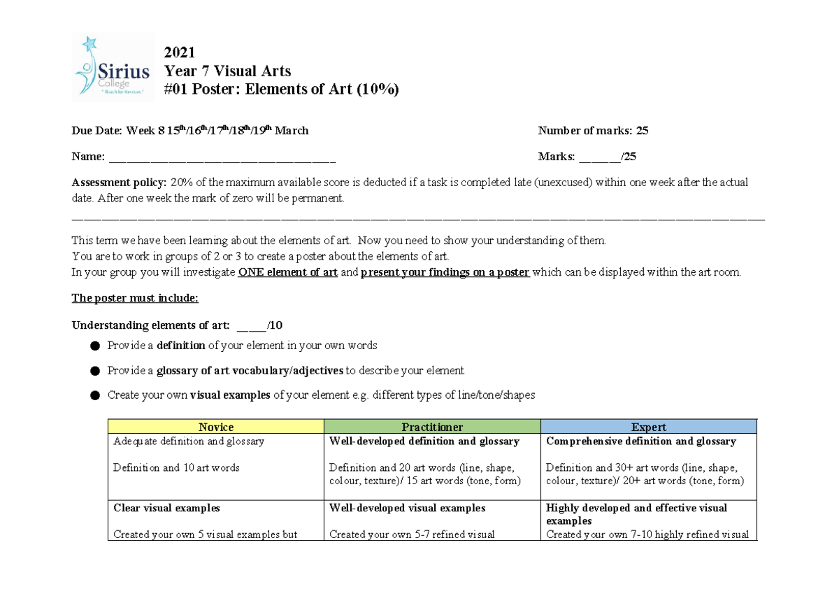 Year 7 Visual Arts Poster: Elements of Art Assessment (10%) - Studocu