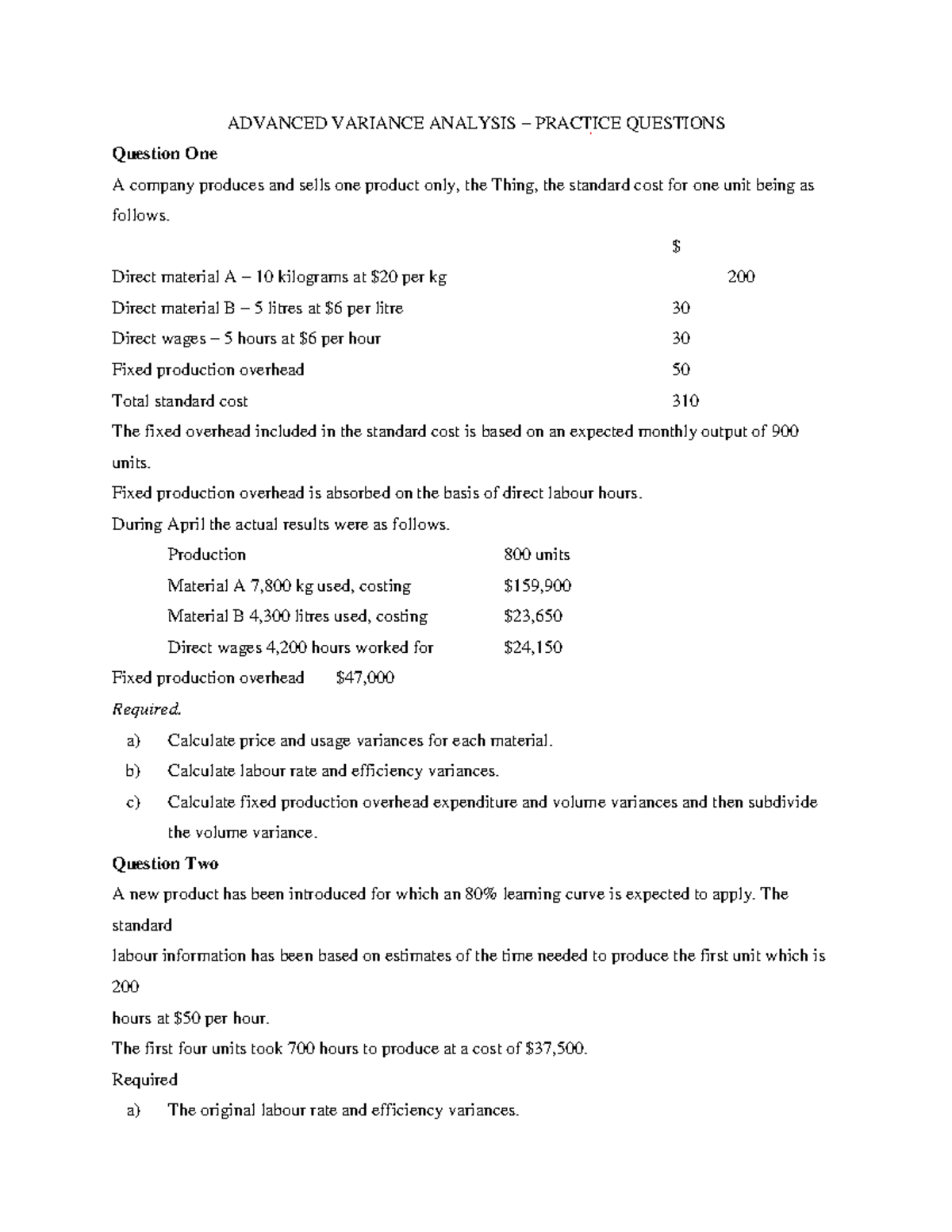 Practice Questions Variance Analysis Advanced Variance Analysis Practice Questions