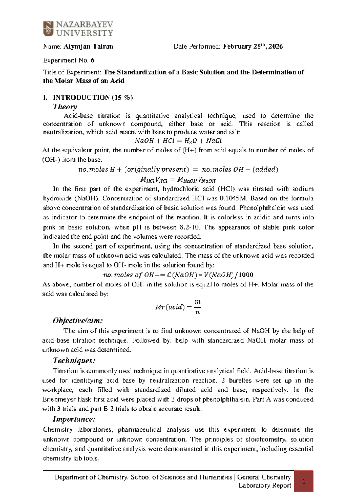 General Chemistry Lab Report 6: Standardization of a Basic Solution and ...