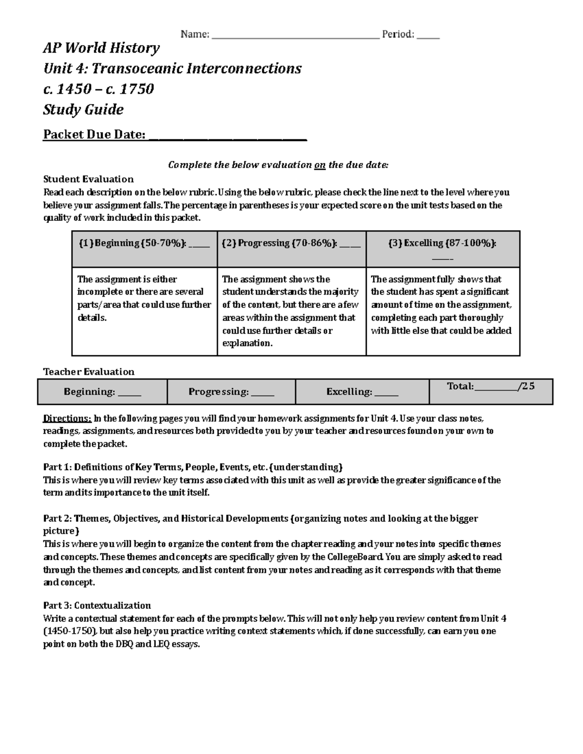 00 Unit 4 Homework Packet 22-23 - AP World History Unit 4: Transoceanic ...