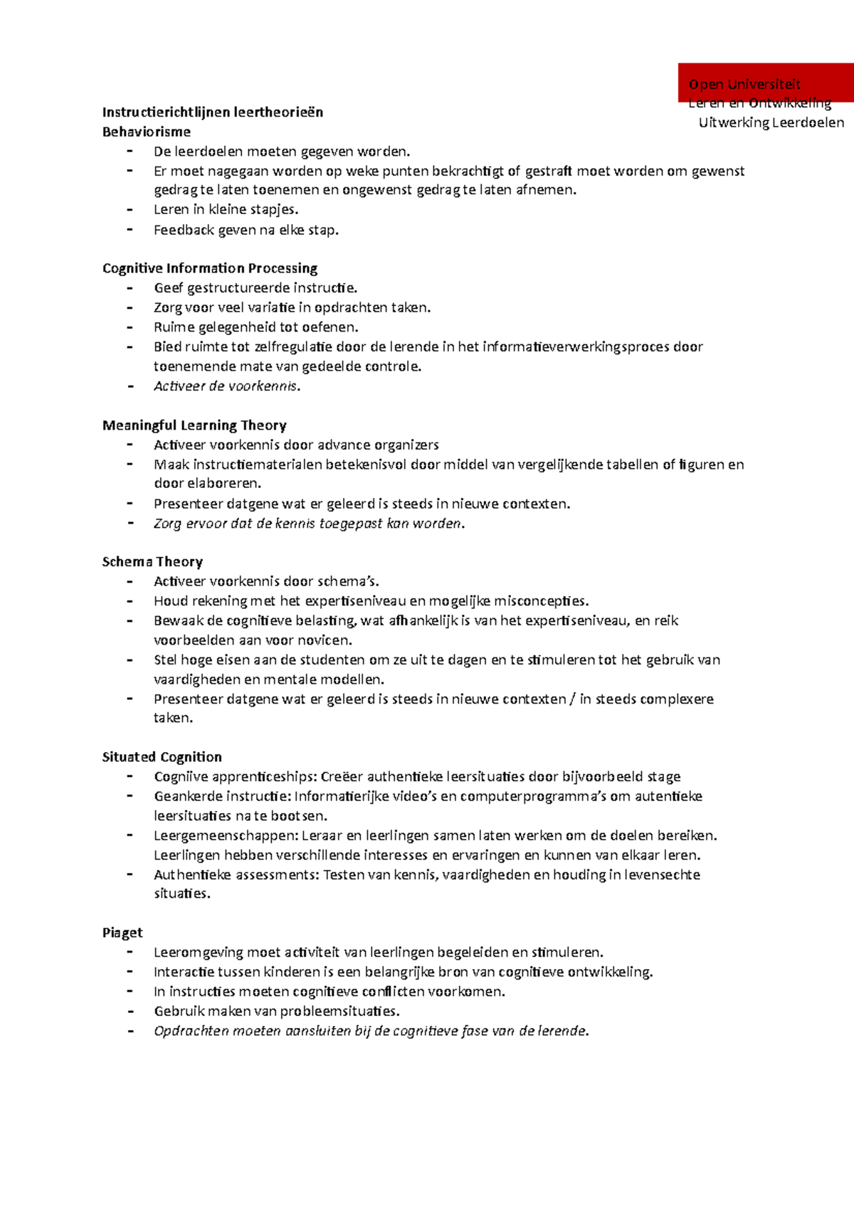 Samenvatting Leerdoelen en Instructierichtlijnen Leren en Ontwikkeling ...