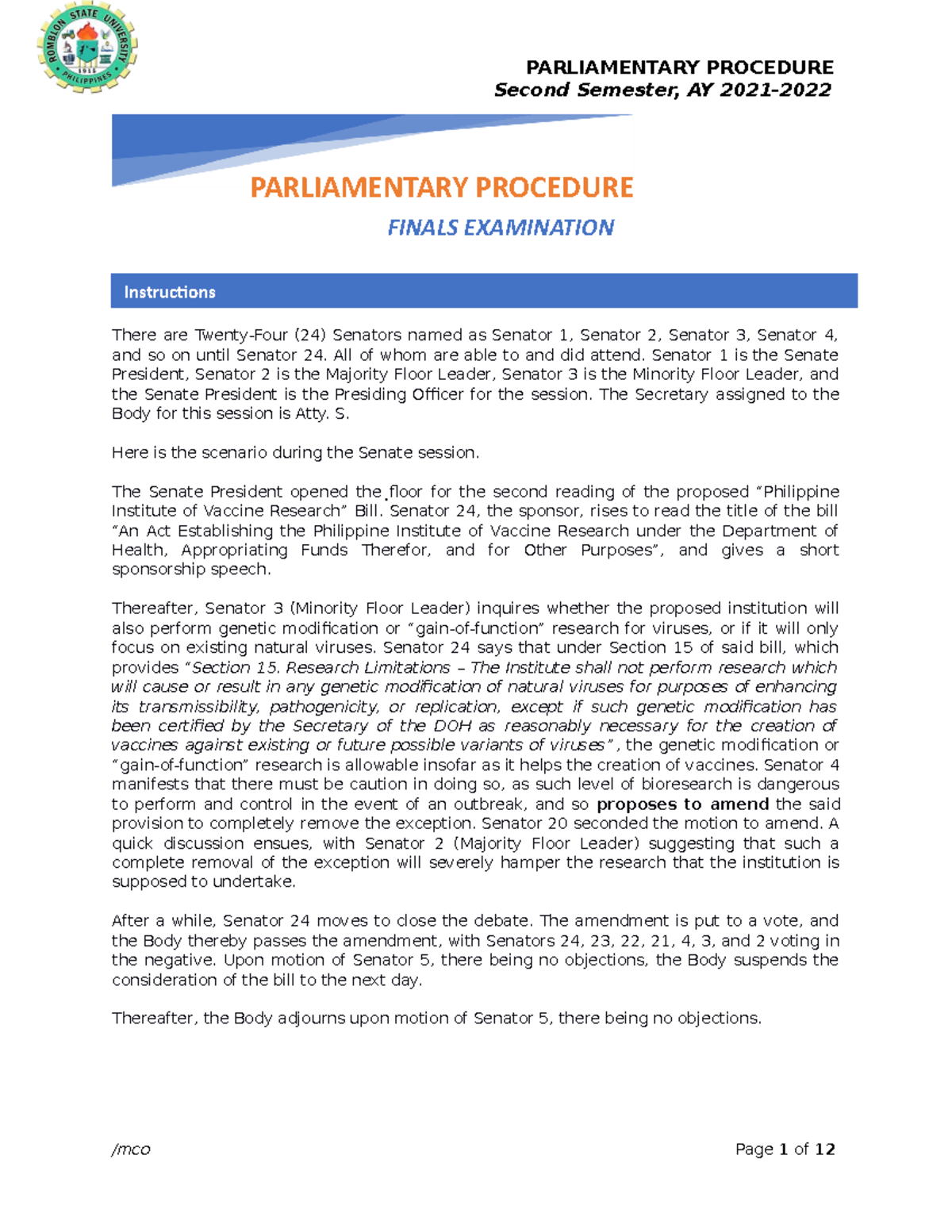 Parliamentary Proc Examination Finals 2022 - PARLIAMENTARY PROCEDURE ...