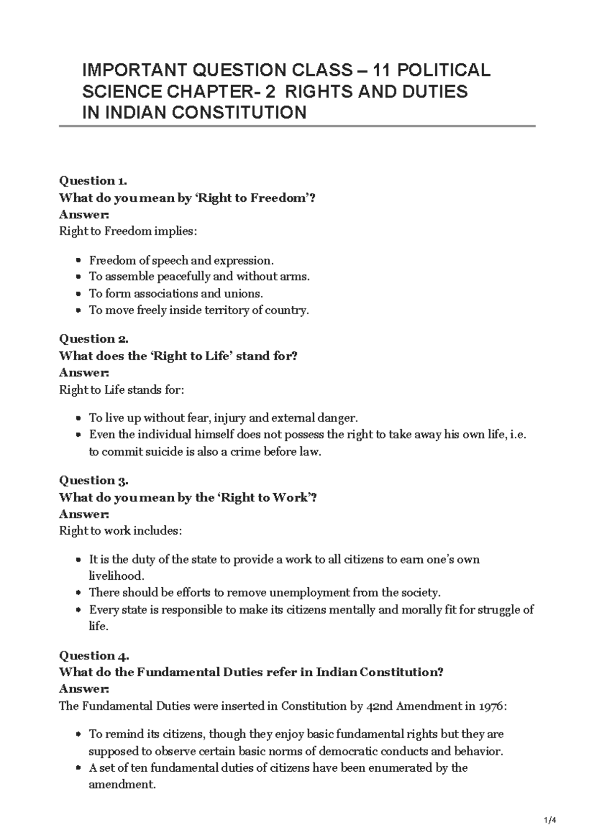 Class 11 Political Science: Important Questions on Rights & Duties in ...