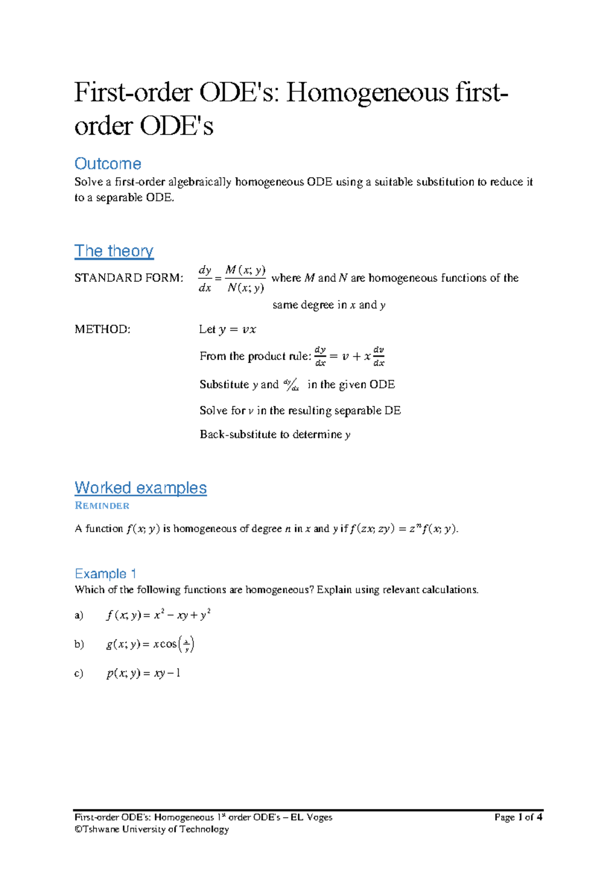 Homogeneous 1st Order ODEs: Theory & Solutions (Course Code: 1 3) - Studocu