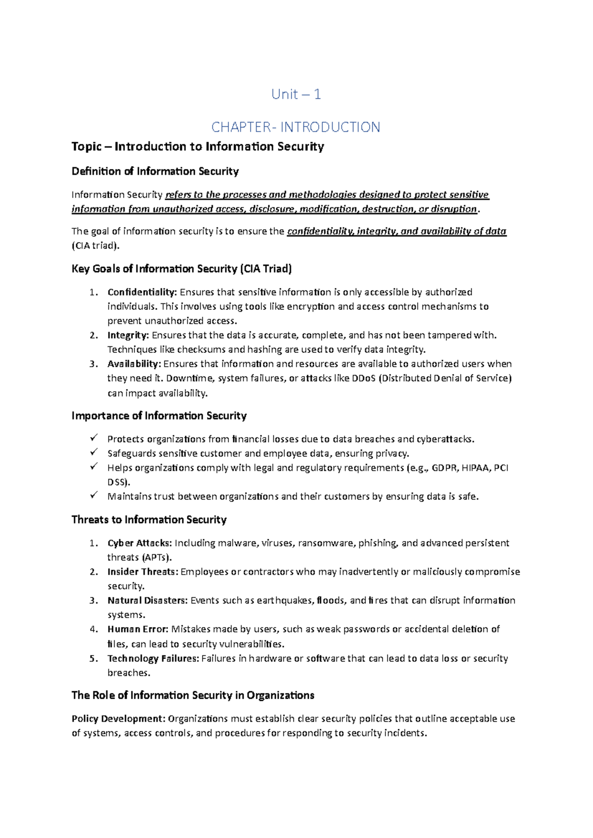 Unit 1: Introduction to Information Security Concepts and Practices - Studocu