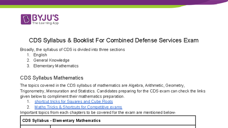 CDS Syllabus & Booklist for Combined Defense Services Exam - Studocu
