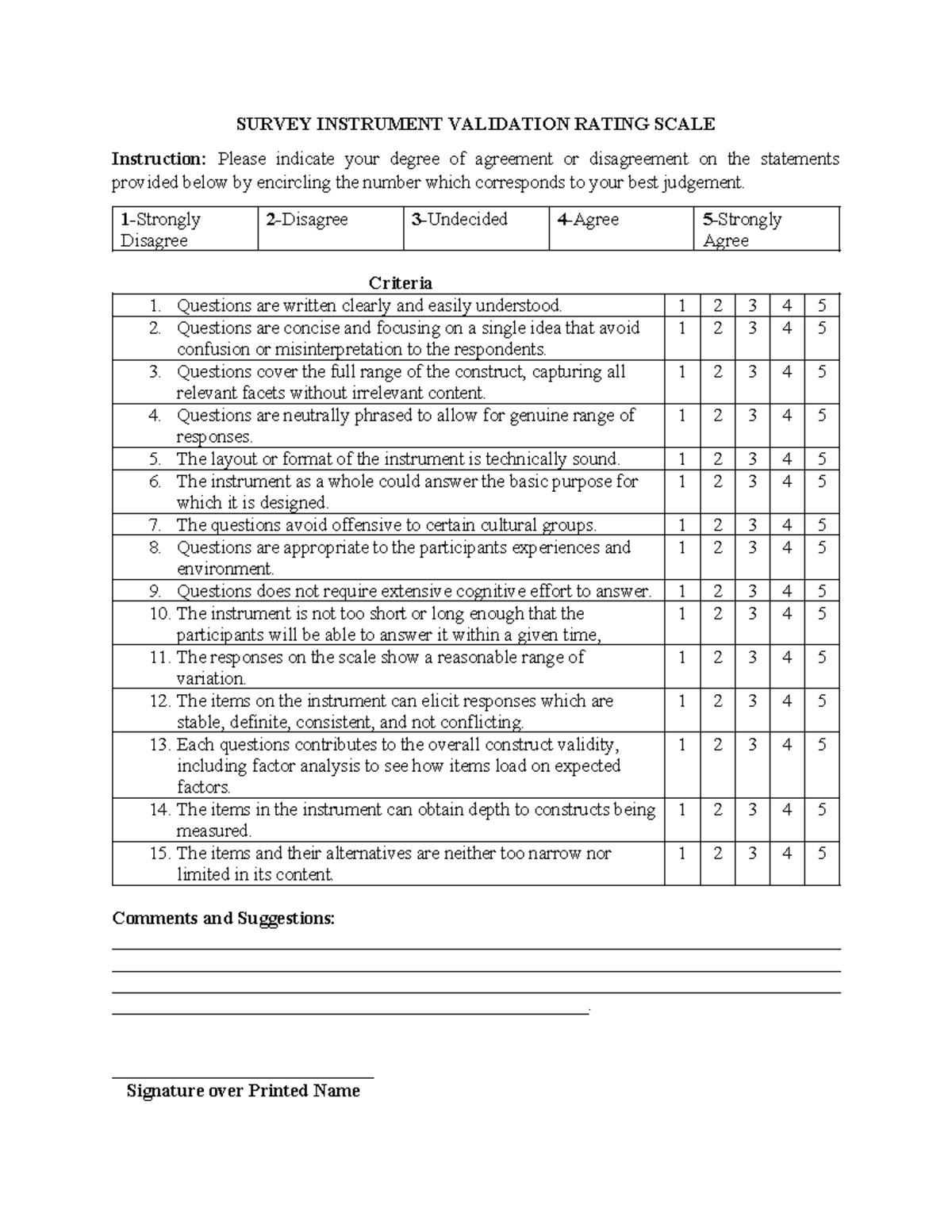 Survey Validation Thesis Survey Instrument Validation Rating Scale Instruction Please