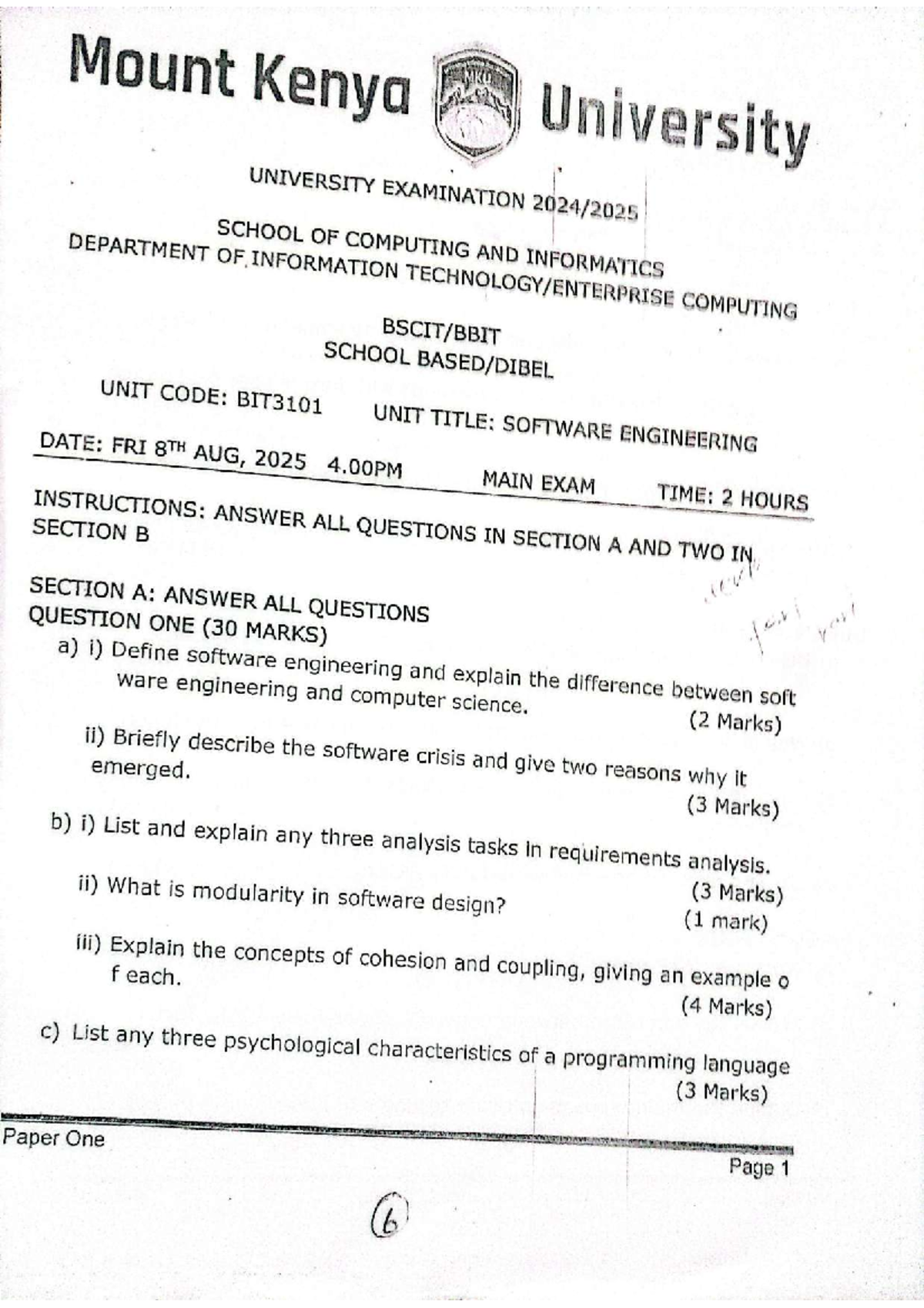 BIT3101 Software Engineering Past Exam Papers Compilation - Studocu