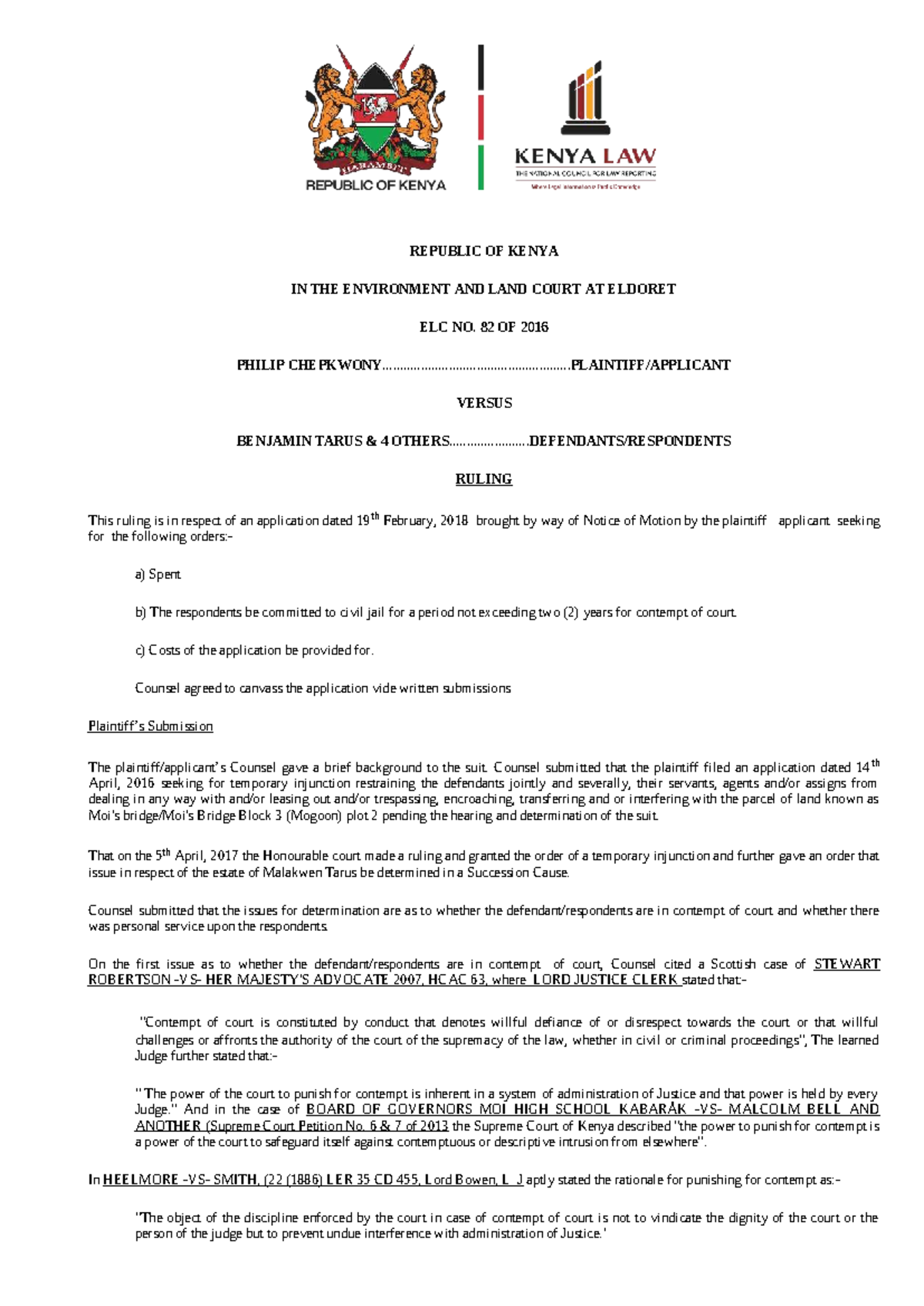 ELC NO. 82 OF 2016: Ruling on Contempt Application in Philip v. Tarus ...
