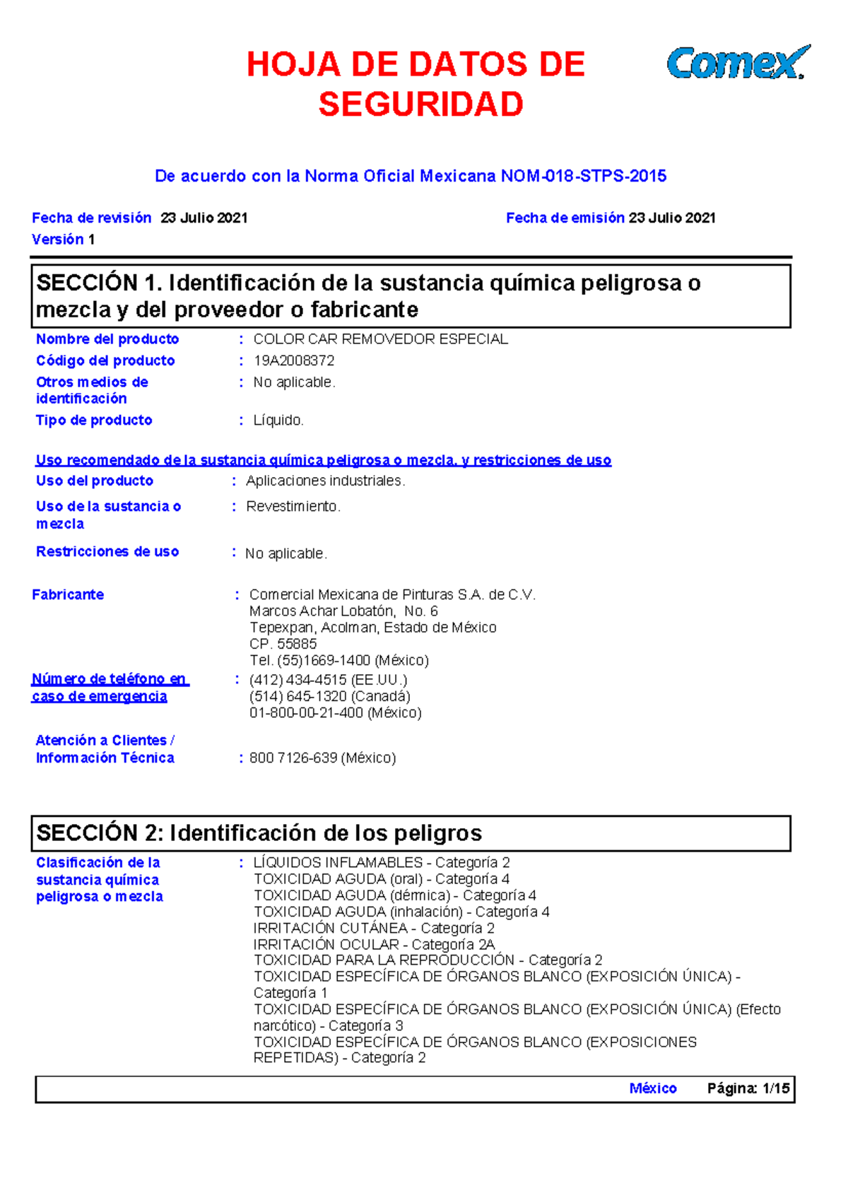 HDS de Seguridad para COLOR CAR REMOVEDOR ESPECIAL - Código 19A2008372 ...
