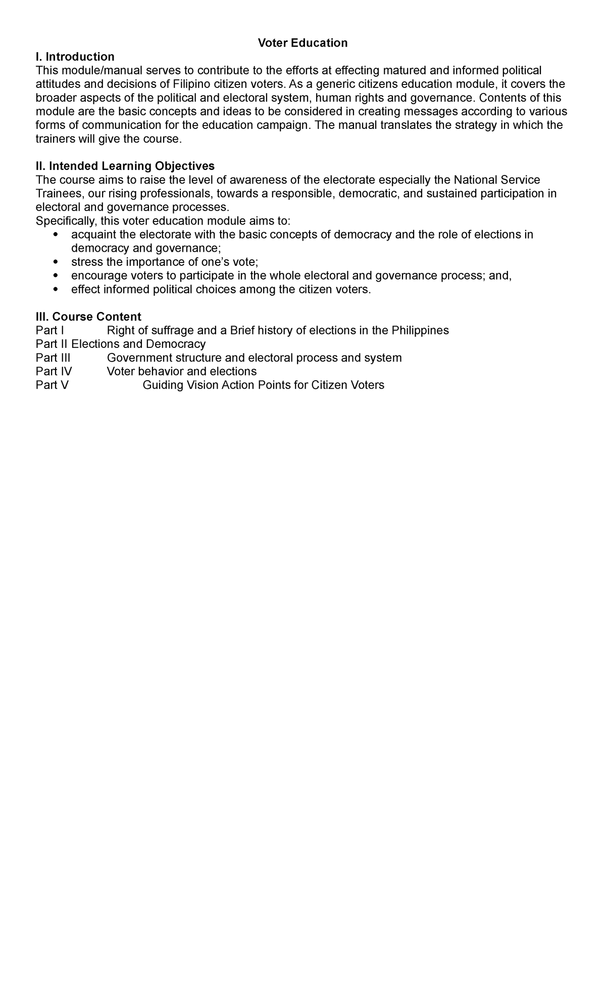 Voters' Education - Lecture notes 2 - Voter Education I. Introduction ...