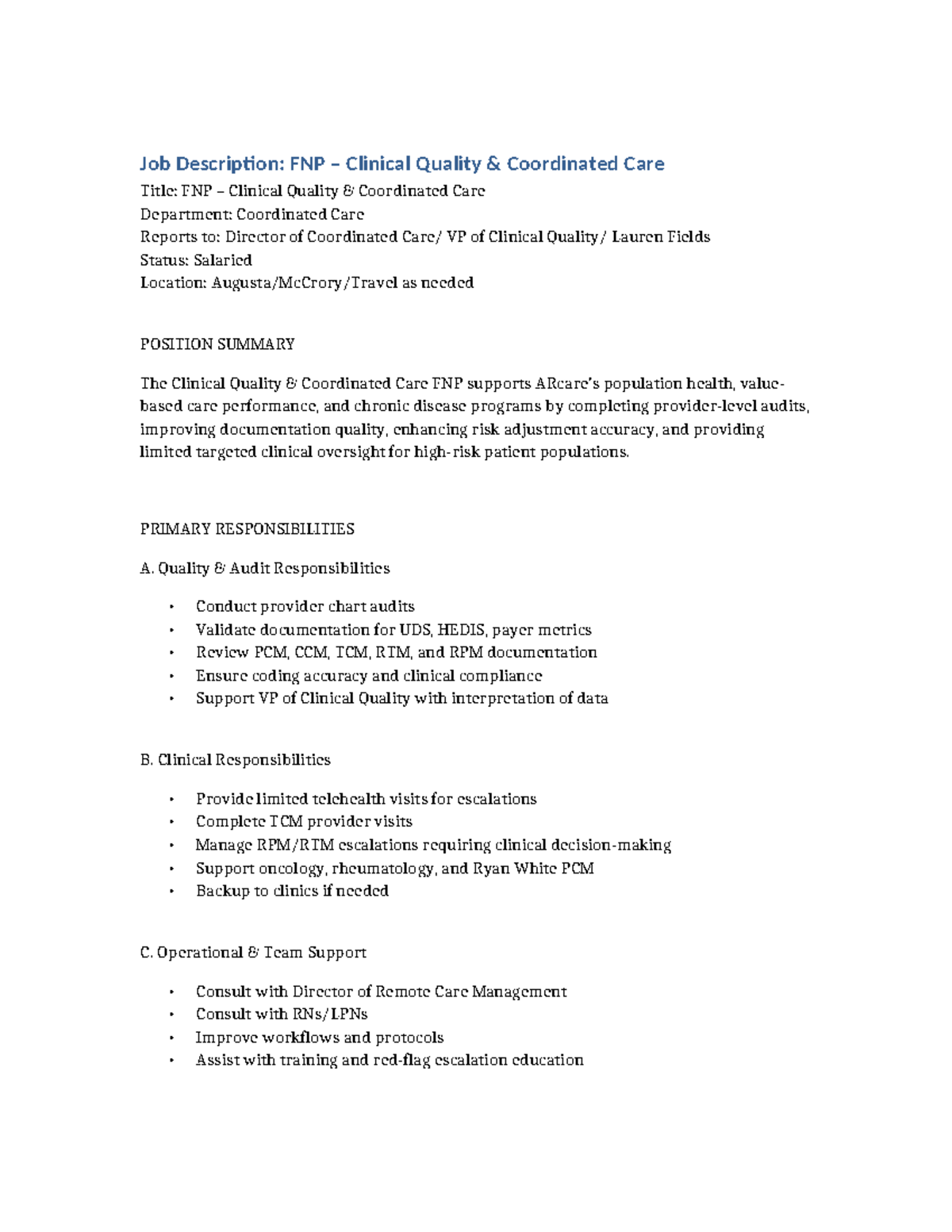 FNP Proposal for Clinical Quality Coordinated Care Role - Studocu