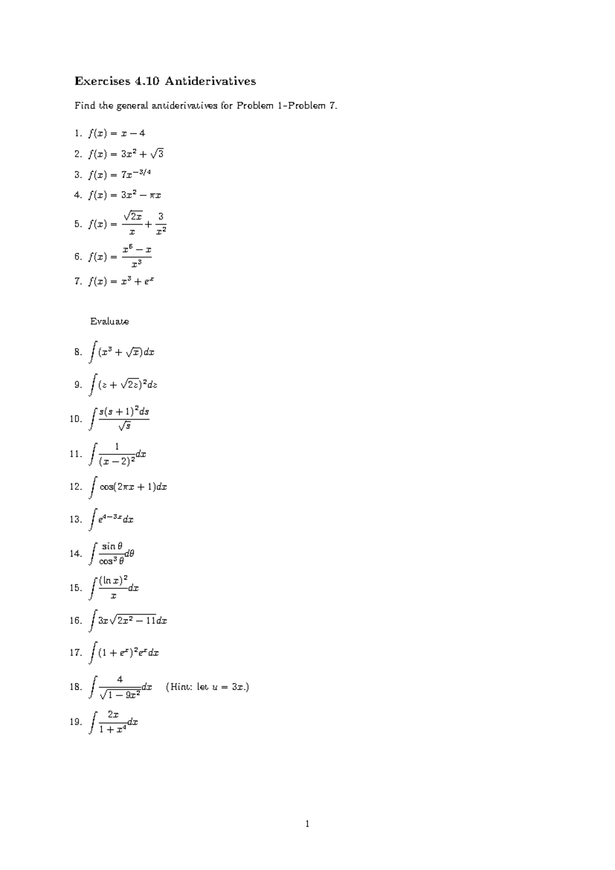 Exercises for Calculus: Antiderivatives and Differential Equations ...