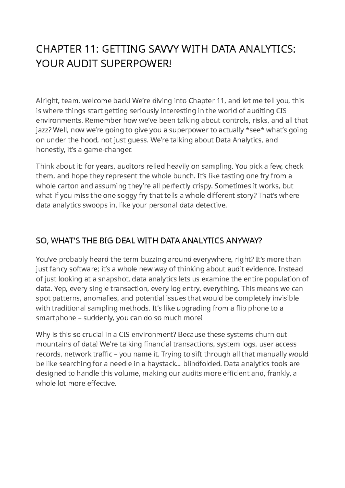 CIS 101: Chapter 11 Review - Mastering Data Analytics in Auditing - Studocu