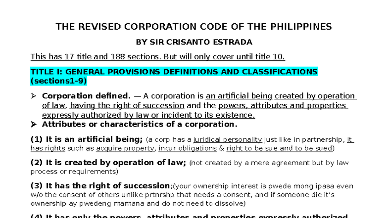 Revised Corporation Code of the Philippines: Titles I to IV Overview ...