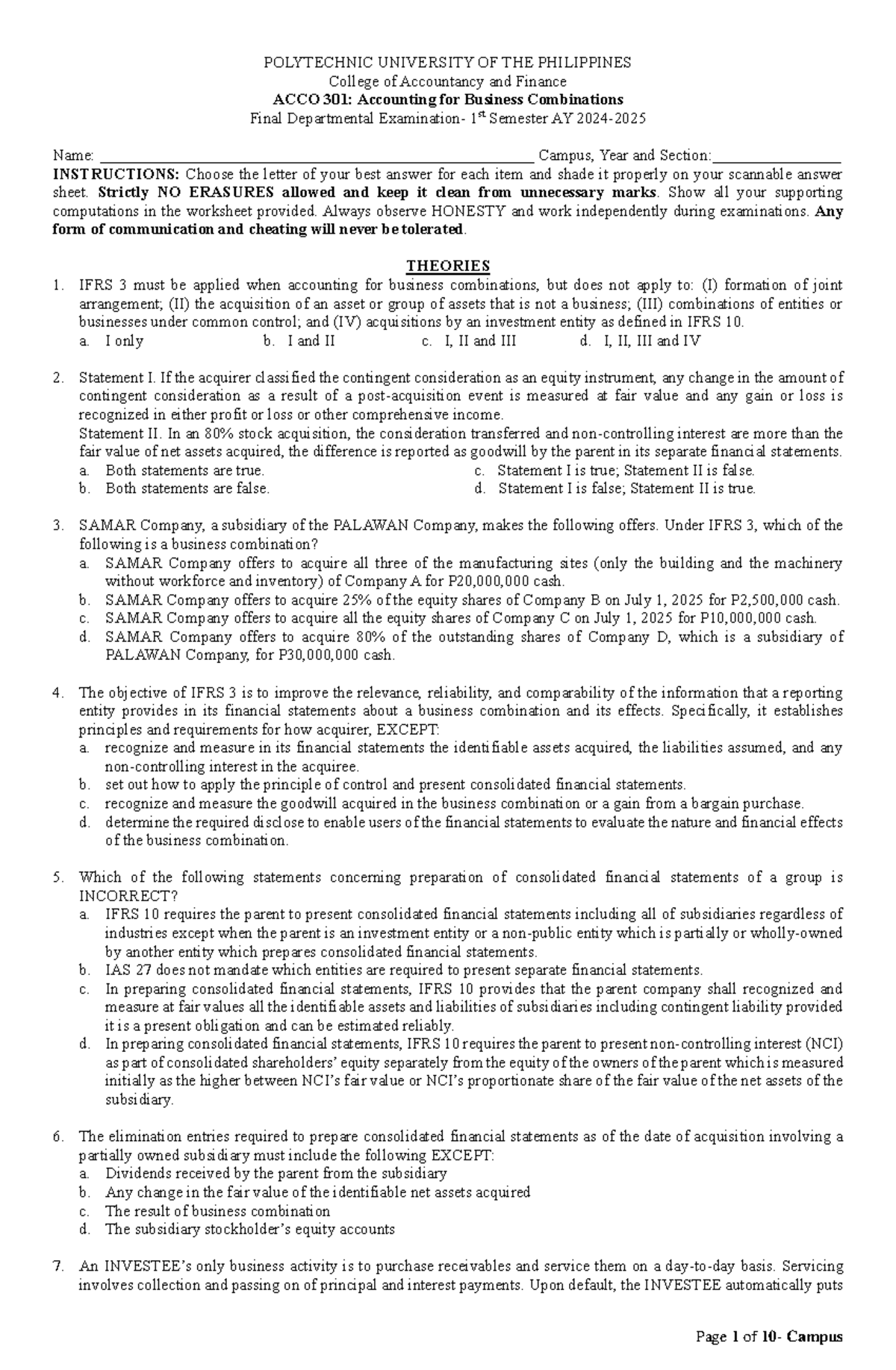 ABC FTE 1SAY2425 - Accounting for Business Combinations Final Exam ...