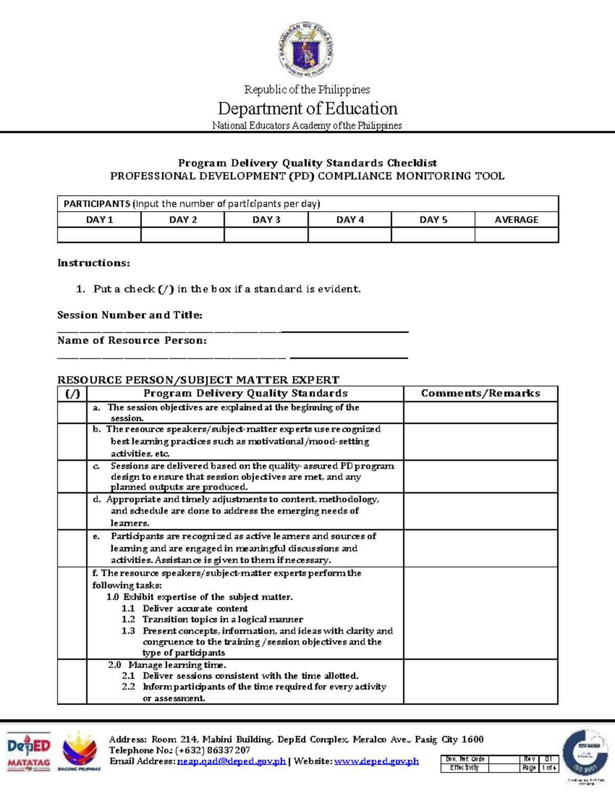 PD Compliance Monitoring Tool: Program Delivery Quality Standards ...
